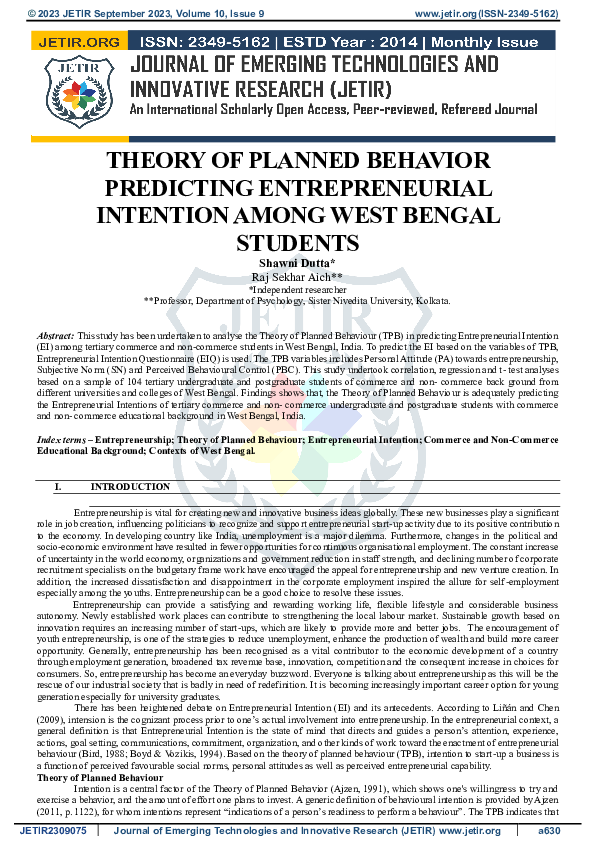 (PDF) THEORY OF PLANNED BEHAVIOR PREDICTING ENTREPRENEURIAL INTENTION ...