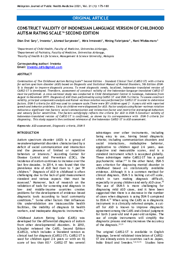 (PDF) Construct Validity of Indonesian Language Version of Childhood Autism Rating Scale™ Second ...