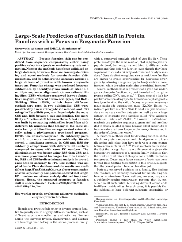 (PDF) Large-scale prediction of function shift in protein families with ...