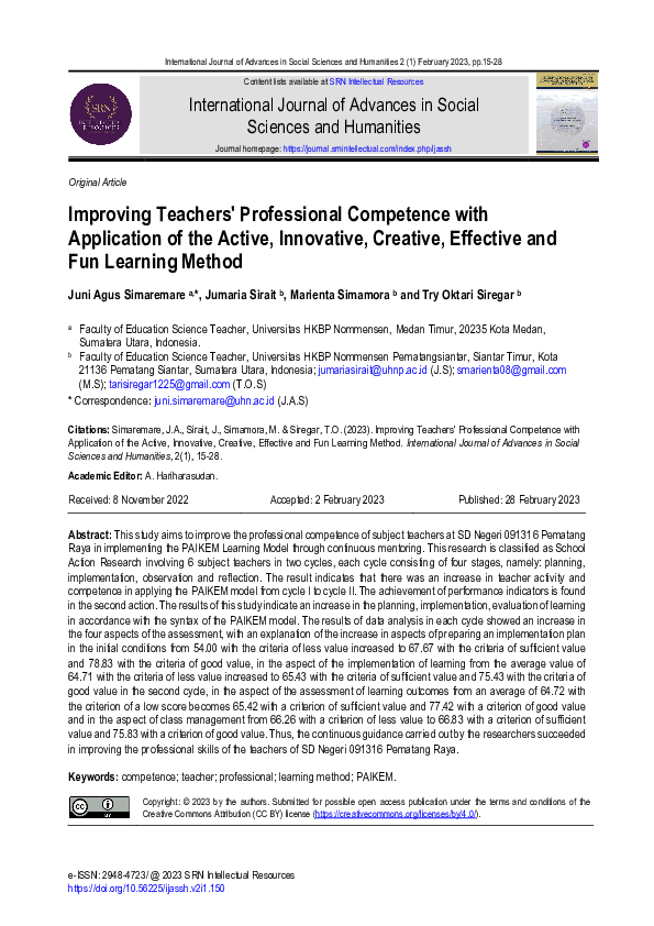 (PDF) Improving Teachers' Professional Competence with Application of the Active, Innovative ...