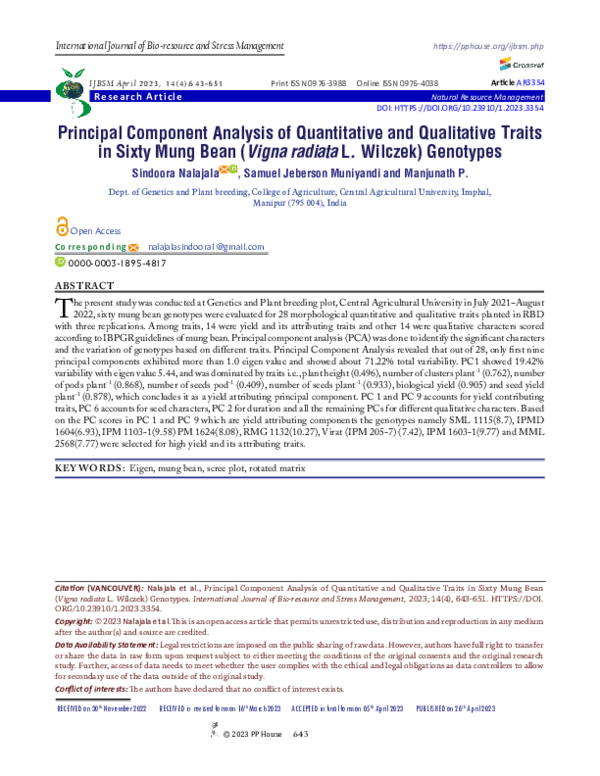 (PDF) Principal Component Analysis of Quantitative and Qualitative Traits in Sixty Mung Bean ...