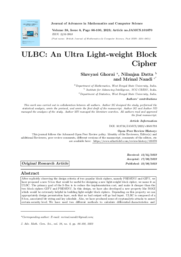 (PDF) ULBC: An Ultra Light-weight Block Cipher