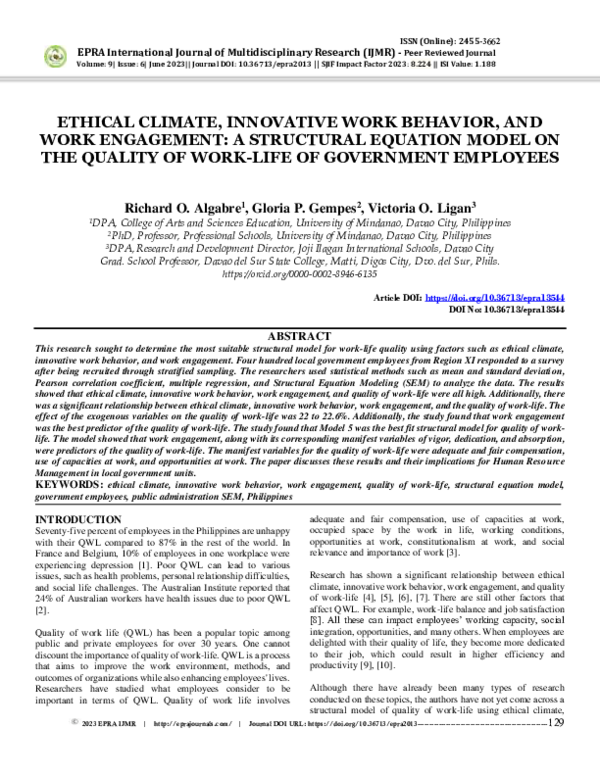 (PDF) Ethical Climate, Innovative Work Behavior, and Work Engagement: A Structural Equation ...