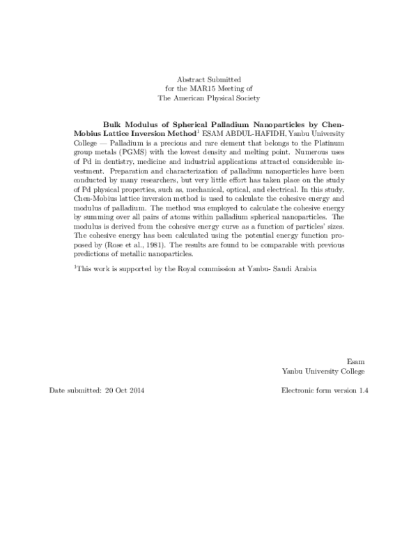 (PDF) Bulk Modulus of Spherical Palladium Nanoparticles by Chen-Mobius ...