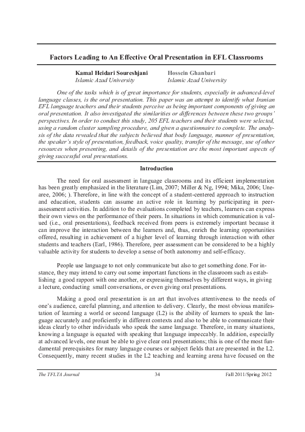 (PDF) Factors Leading to An Effective Oral Presentation in EFL Classrooms