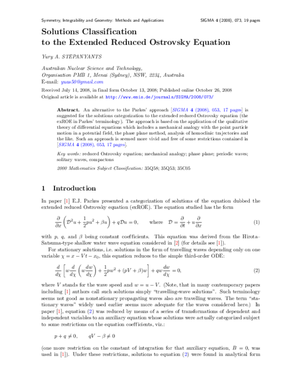(PDF) Solutions Classification to the Extended Reduced Ostrovsky Equation