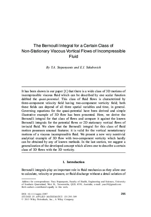 (PDF) The Bernoulli Integral for a Certain Class of Non-Stationary Viscous Vortical Flows of ...