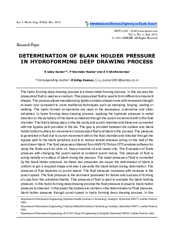(PDF) Determination of Blank Holder Pressure in Hydroforming Deep ...