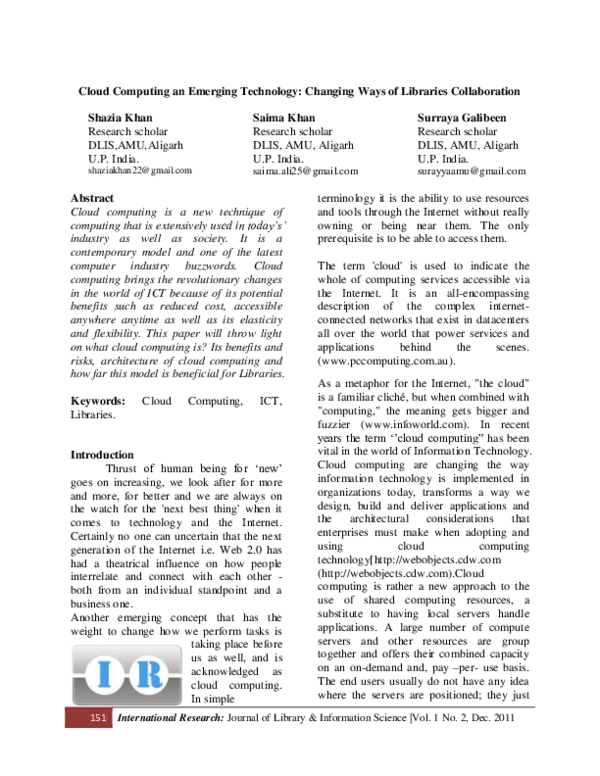 (PDF) Cloud Computing an Emerging Technology: Changing Ways of Libraries Collaboration