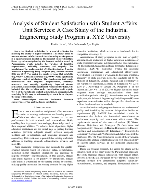(PDF) Analysis of Student Satisfaction with Student Affairs Unit Services