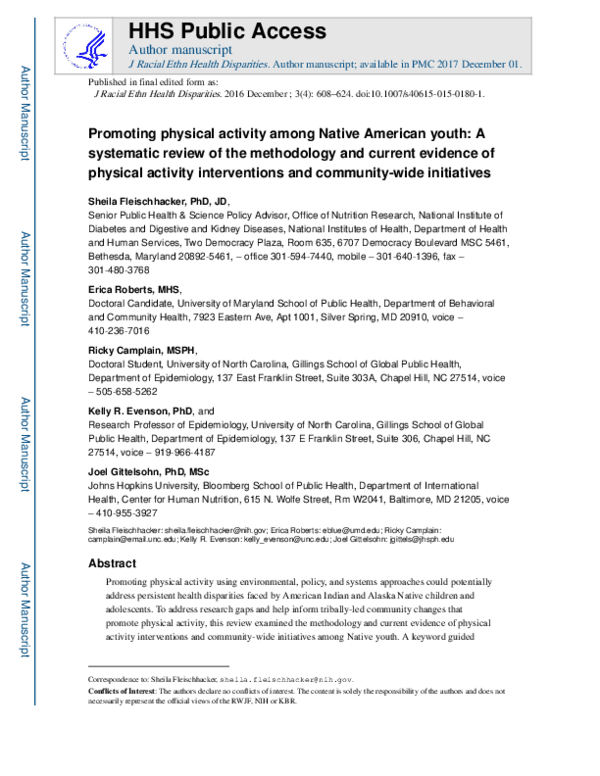 (PDF) Promoting Physical Activity Among Native American Youth: a Systematic Review of the ...