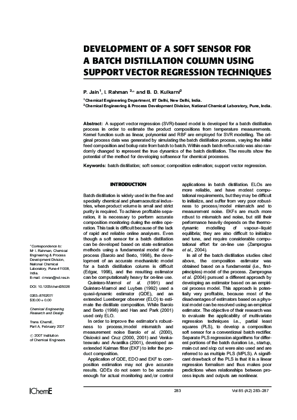 (PDF) Development of a Soft Sensor for a Batch Distillation Column Using Support Vector ...