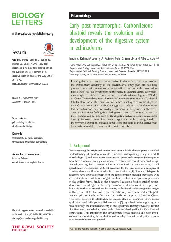 (PDF) Early post-metamorphic, Carboniferous blastoid reveals the ...