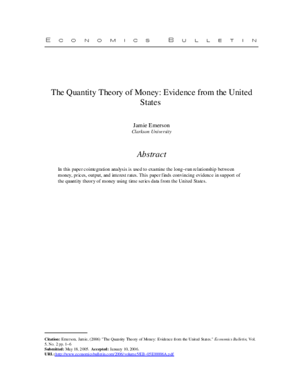 (PDF) The Quantity Theory of Money: Evidence from the United States