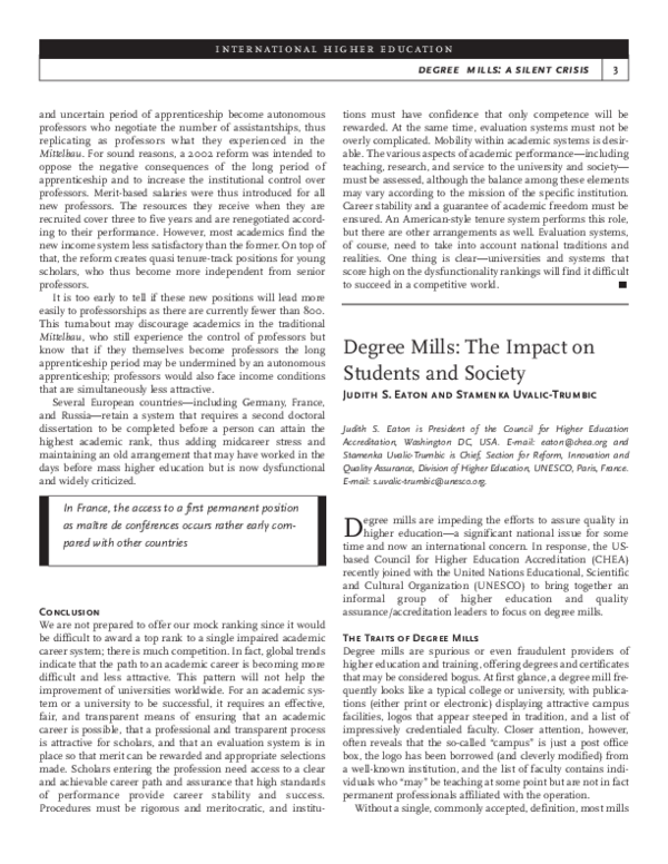 (PDF) Degree Mills: The Impact on Students and Society