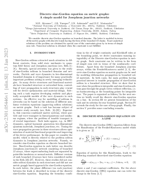 Pdf Discrete Sine Gordon Equation On Metric Graphs A Simple Model For Josephson Junction