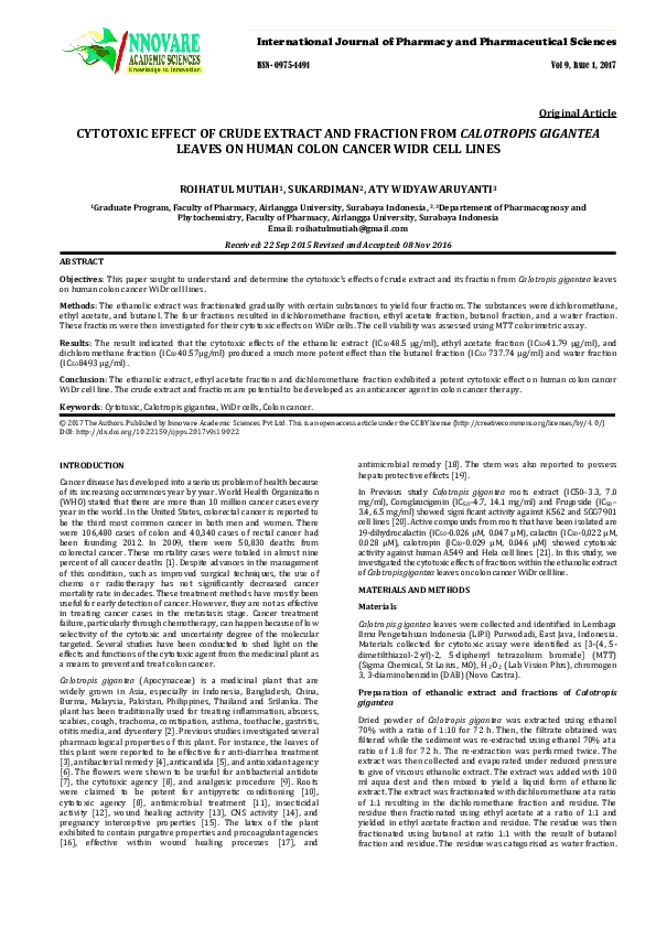 (PDF) CYTOTOXIC EFFECT OF CRUDE EXTRACT AND FRACTION FROM CALOTROPIS ...