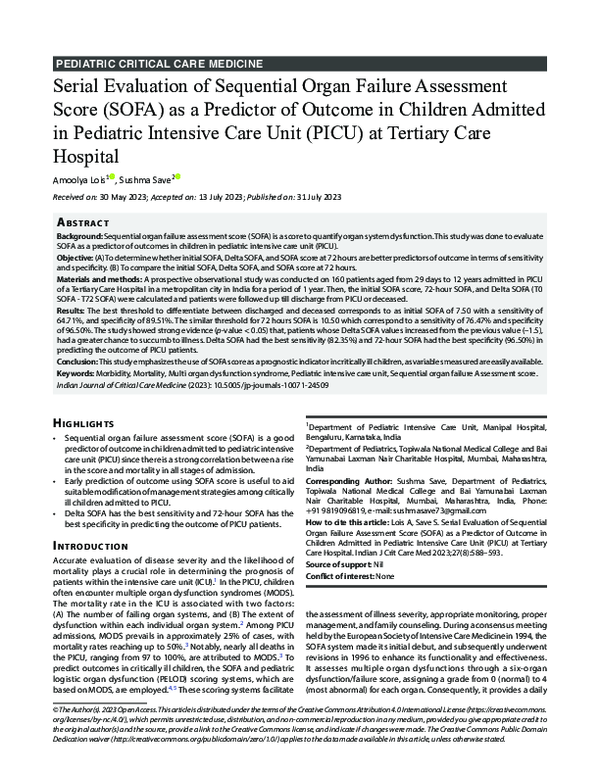 (PDF) Serial Evaluation of Sequential Organ Failure Assessment Score ...