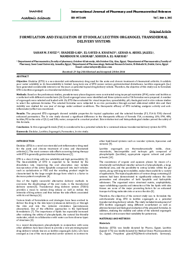 (PDF) Formulation and Evaluation of Etodolac Lecithin Organogel ...