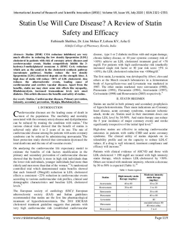 (PDF) Statin Use Will Cure Disease? A Review of Statin Safety and Efficacy
