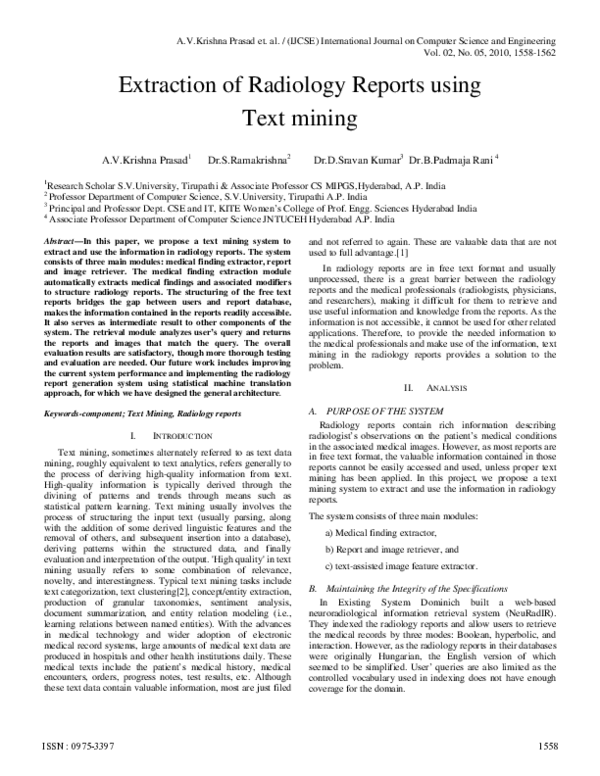 (PDF) Extraction of Radiology Reports using Text mining