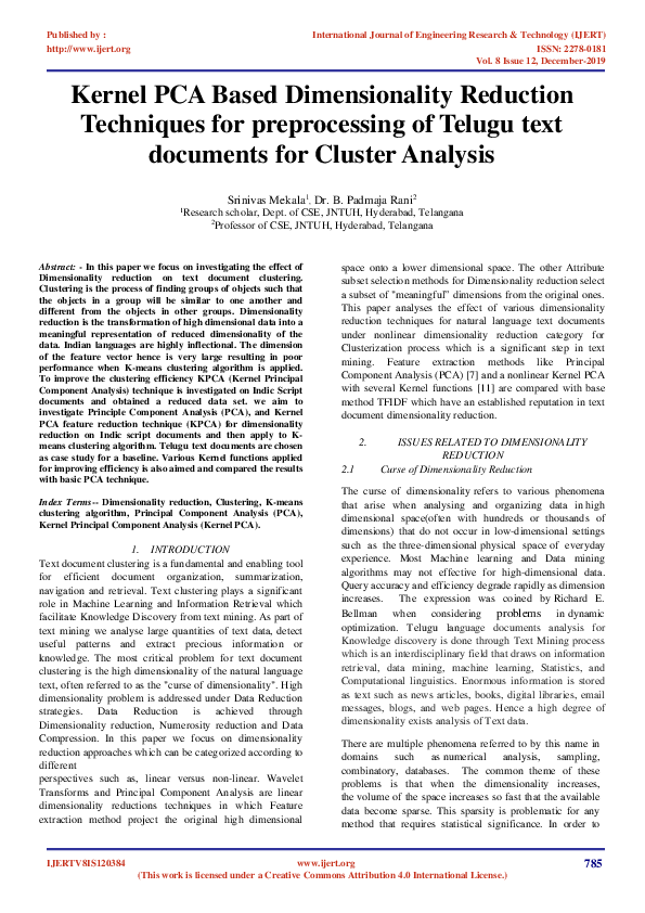Pdf Kernel Pca Based Dimensionality Reduction Techniques For Preprocessing Of Telugu Text