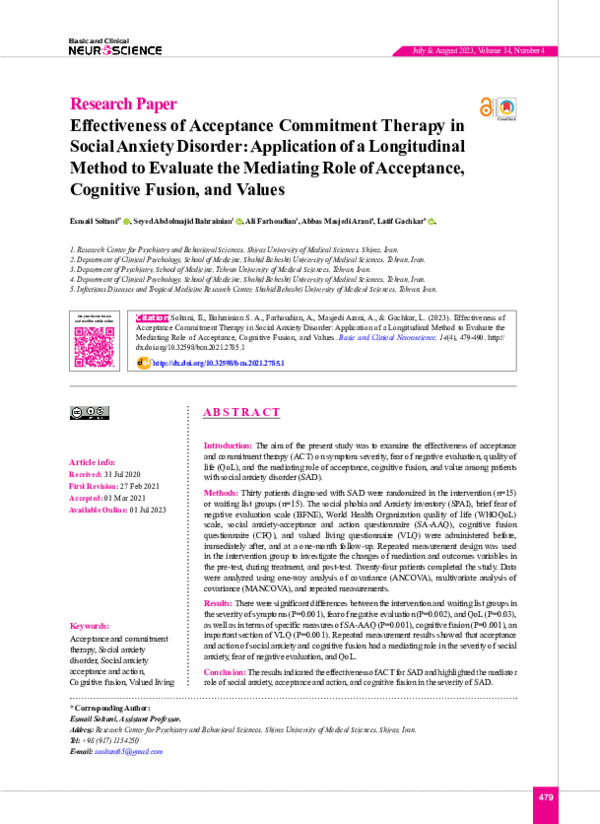(PDF) Effectiveness of Acceptance Commitment Therapy in Social Anxiety Disorder: Application of ...