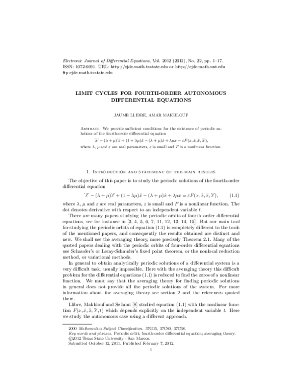 Pdf Limit Cycles For Fourth Order Autonomous Differential Equations Jaume Llibre