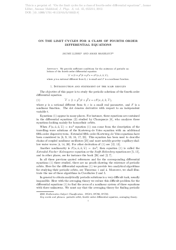 (PDF) On the limit cycles for a class of fourth-order differential equations