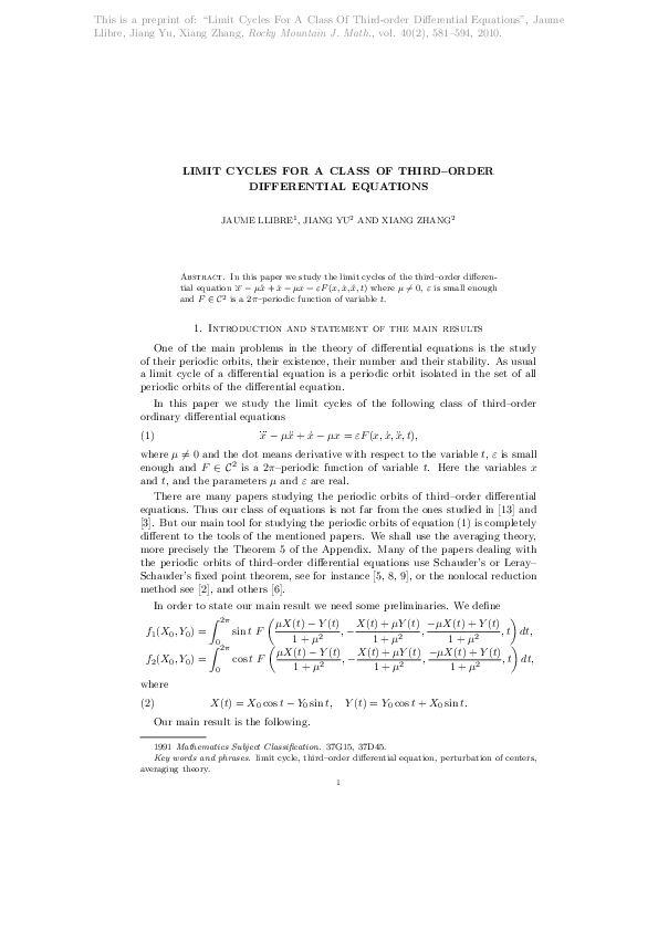 Pdf Limit Cycles For A Class Of Third Order Differential Equations