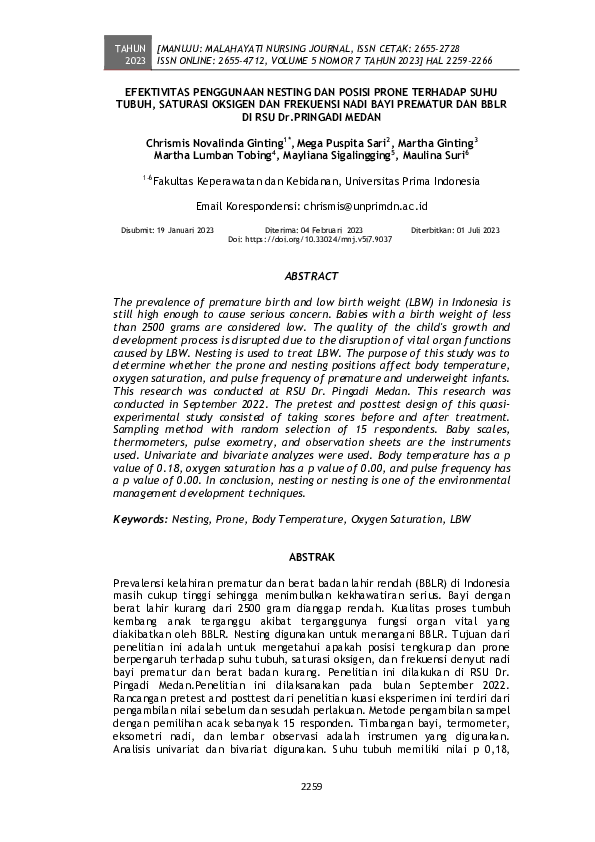 (PDF) Efektivitas Penggunaan Nesting dan Posisi Prone terhadap Suhu ...