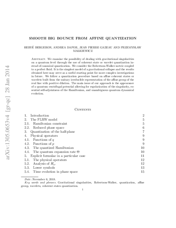 (PDF) Smooth big bounce from affine quantization