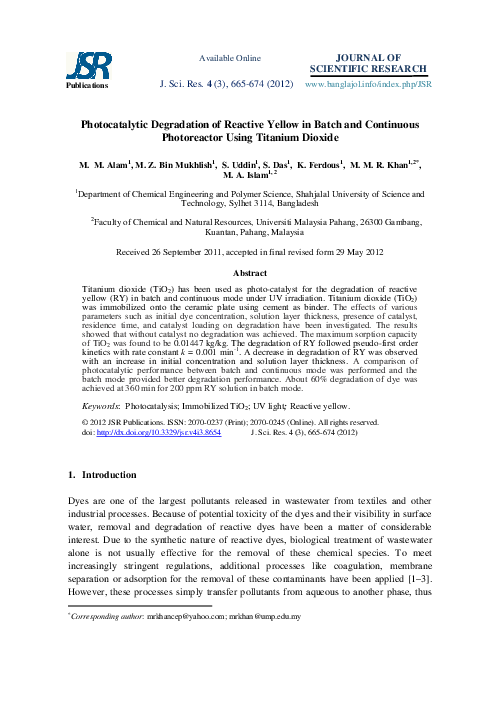 (PDF) Photocatalytic Degradation of Reactive Yellow in Batch and Continuous Photoreactor Using ...