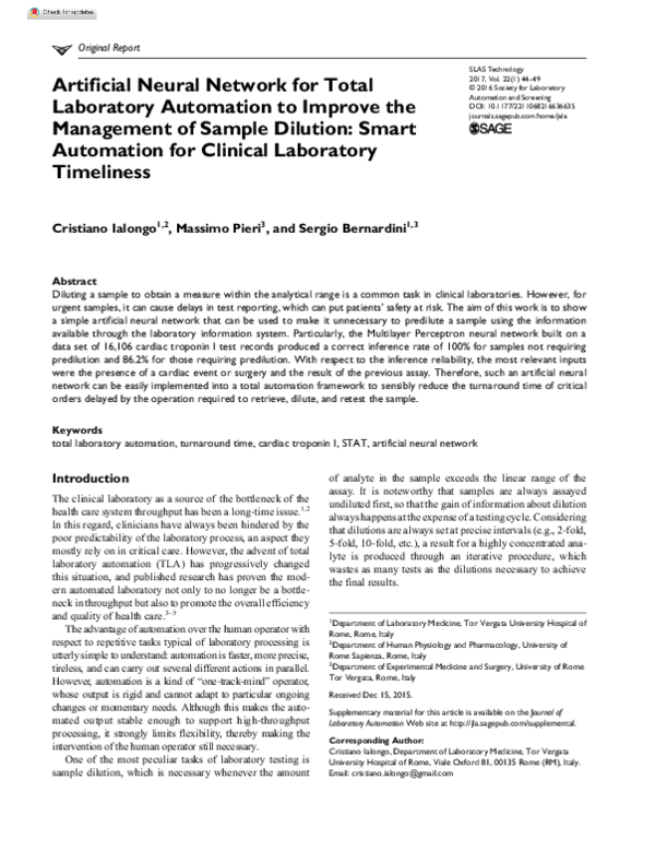 (PDF) Artificial Neural Network for Total Laboratory Automation to Improve the Management of ...