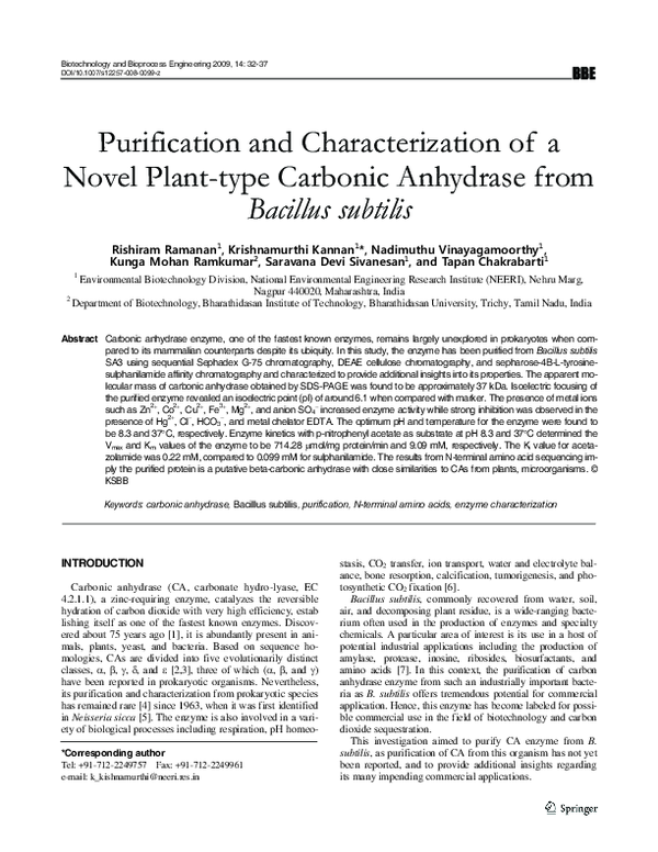 Pdf Purification And Characterization Of A Novel Plant Type Carbonic Anhydrase From Bacillus