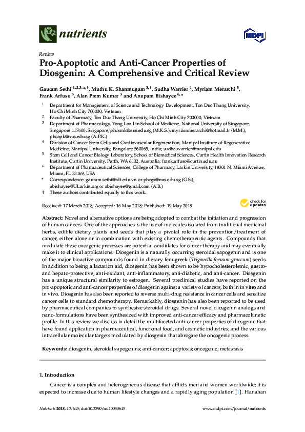 (PDF) Pro-Apoptotic and Anti-Cancer Properties of Diosgenin: A ...
