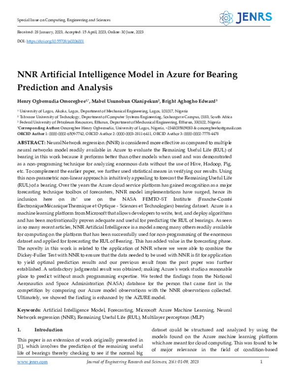 (PDF) NNR Artificial Intelligence Model in Azure for Bearing Prediction and Analysis