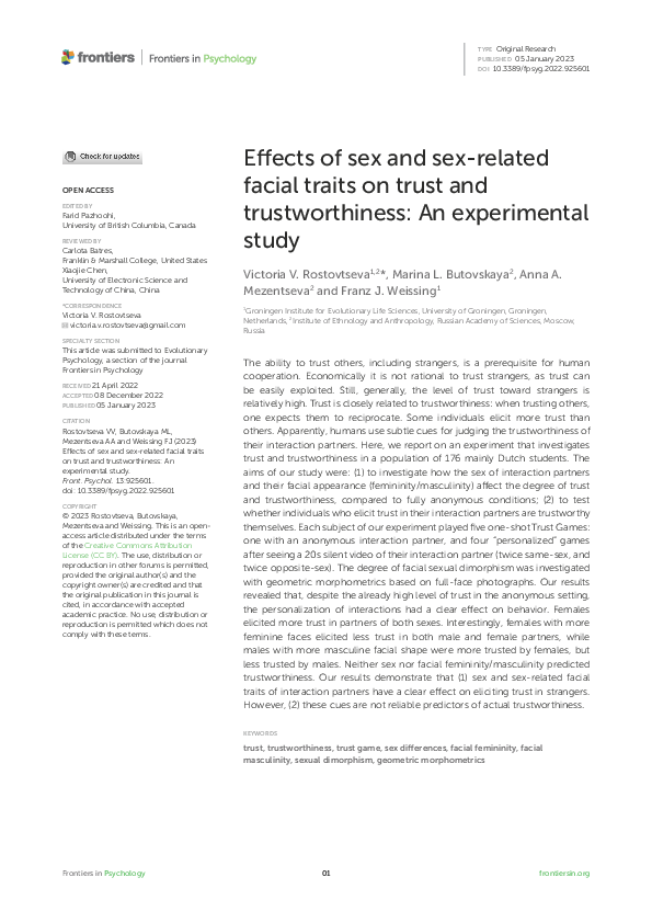 Pdf Effects Of Sex And Sex Related Facial Traits On Trust And Trustworthiness An Experimental