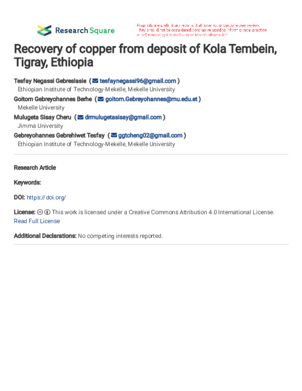 (PDF) Recovery of copper from deposit of Kola Tembein, Tigray, Ethiopia
