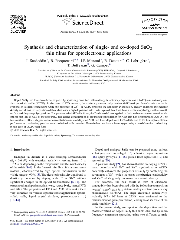(PDF) Synthesis and characterization of single- and co-doped SnO2 thin films for optoelectronic ...