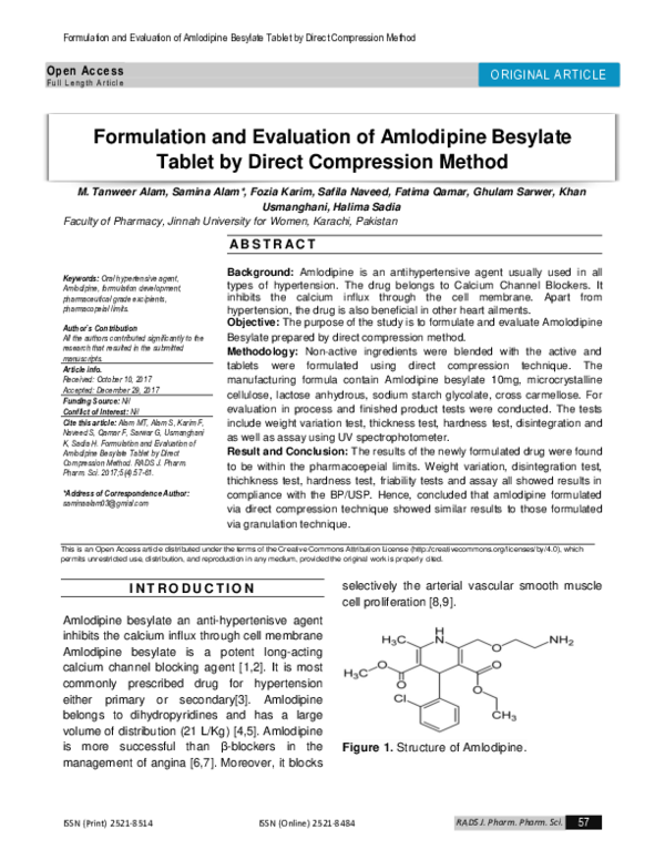 (PDF) Formulation and Evaluation of Amlodipine Besylate tablet by ...
