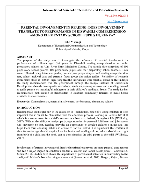 (PDF) Parental Involvement in Reading: Does Involvement Translate to Performance in Kiswahili ...