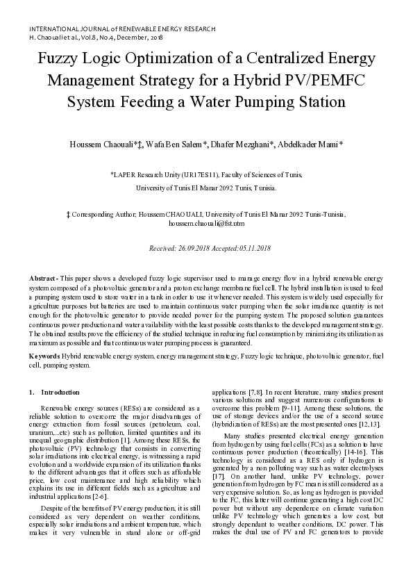 (PDF) Fuzzy Logic Optimization of a Centralized Energy Management Strategy for a Hybrid PV/PEMFC ...
