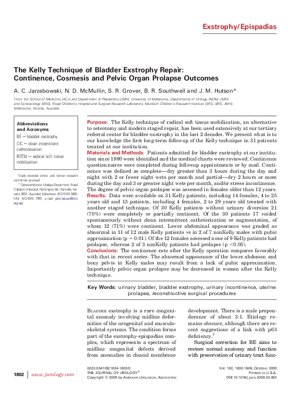 (PDF) The Kelly Technique of Bladder Exstrophy Repair: Continence ...