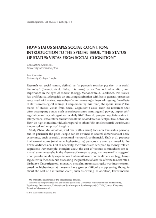 (PDF) How Status Shapes Social Cognition: Introduction to the Special ...
