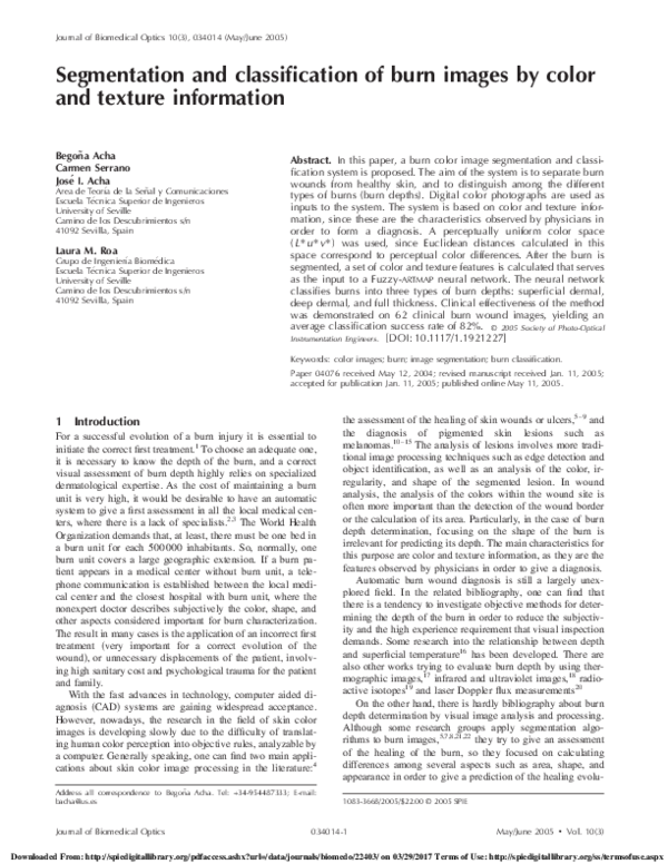Pdf Segmentation And Classification Of Burn Images By Color And Texture Information