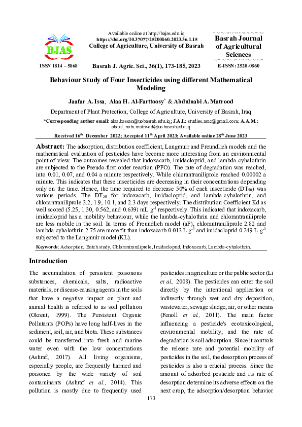 (PDF) Behaviour Study of Four Insecticides using different Mathematical Modeling
