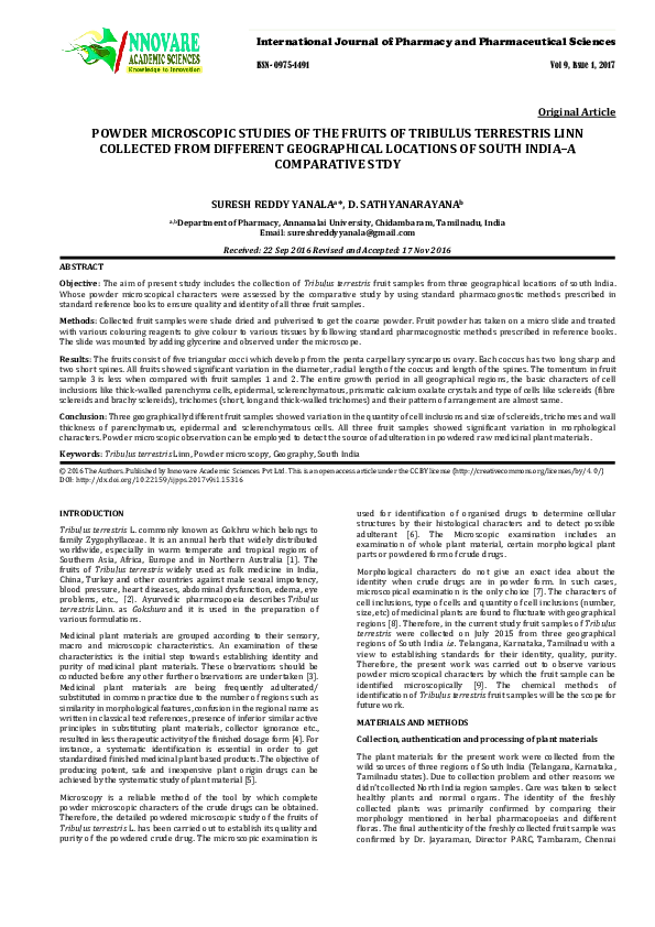 (PDF) POWDER MICROSCOPIC STUDIES OF THE FRUITS OF TRIBULUS TERRESTRIS ...