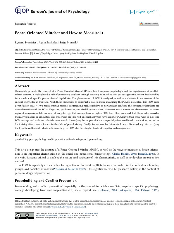 (PDF) Peace-oriented mindset and how to measure it
