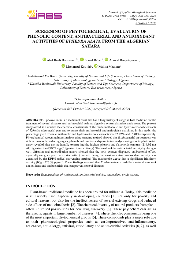 (PDF) Screening of Phytochemical, Evaluation of Phenolic Content, Antibacterial and Antioxydant ...